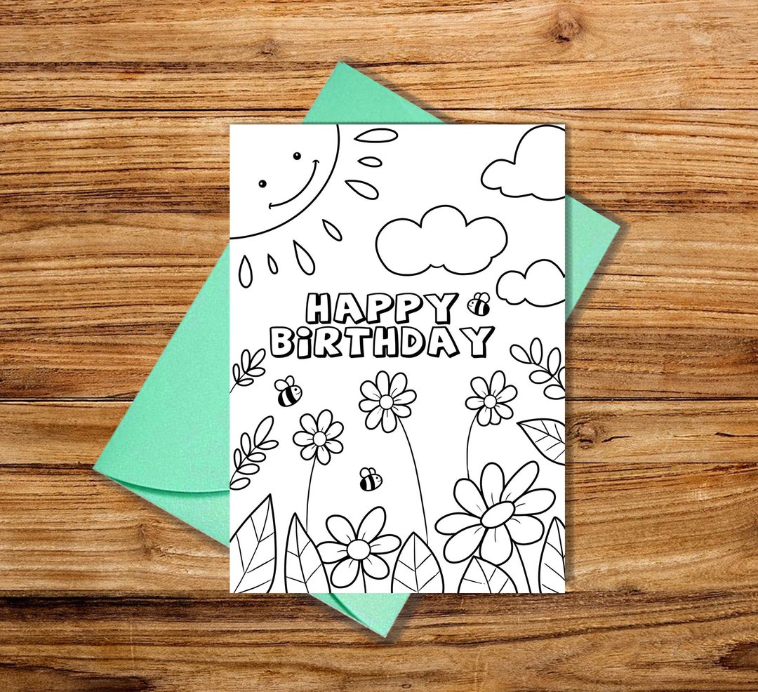 Happy Birthday Coloring Card, Printable Floral Birthday Card, Coloring ...