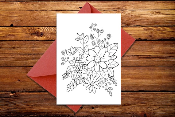 Printable Coloring Card Digital Floral Card Floral Coloring | Etsy