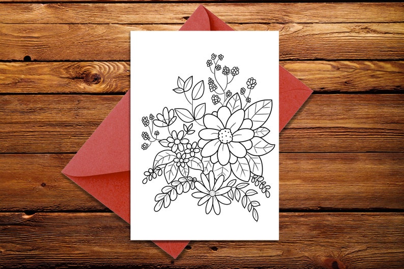 Printable Coloring Card, Digital Floral Card, Floral Coloring Card ...