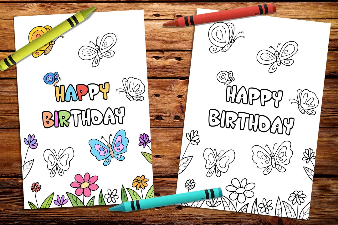 PRINTABLE Birthday Coloring Card, Coloring Butterfly Card, Happy ...