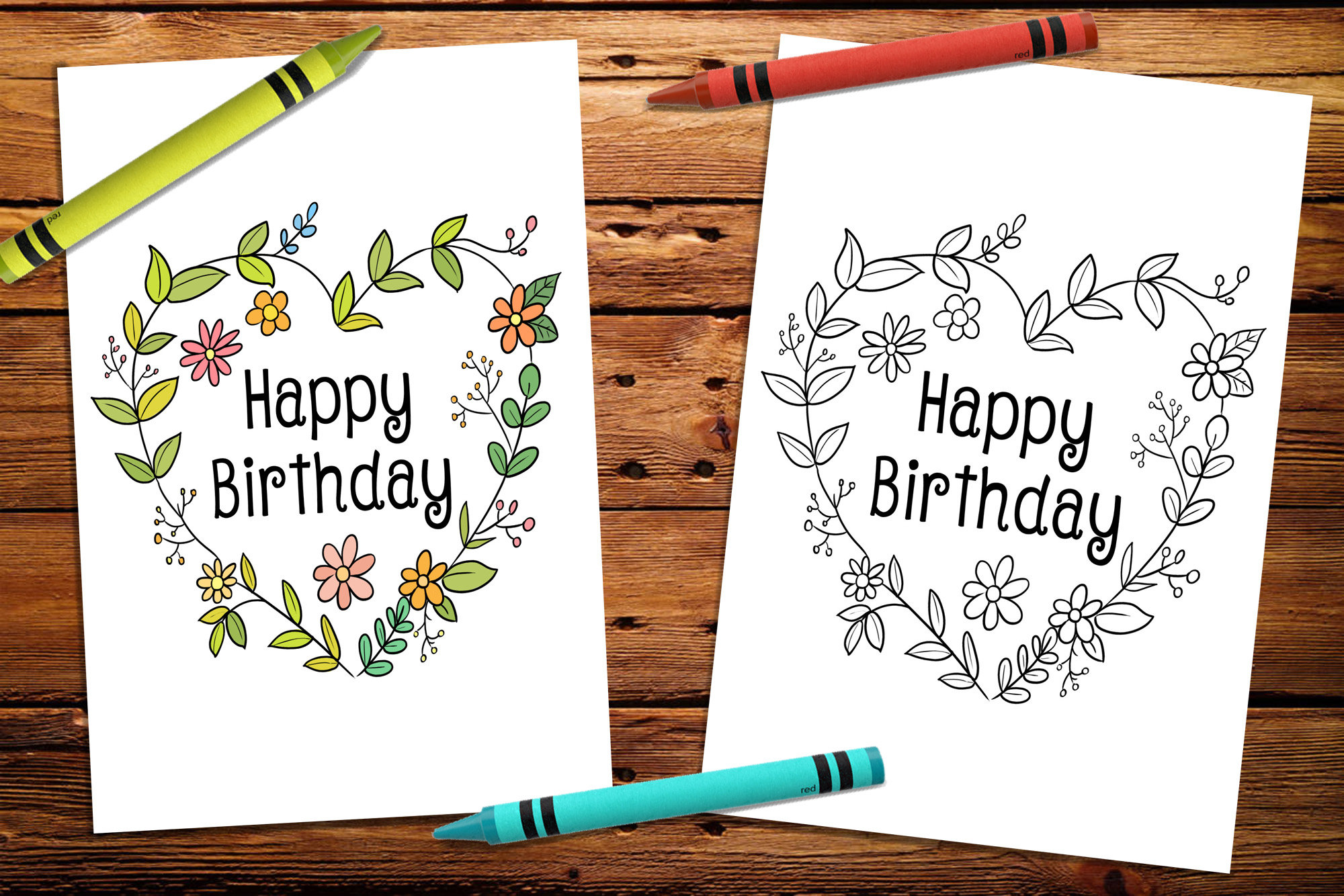 Happy Birthday Printable Card, Coloring Birthday Card, Floral Heart ...