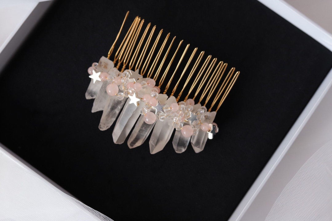 Quartz Hair Comb, Quartz With Hematite, Raw Quartz Hair Comb, Boho Hair ...
