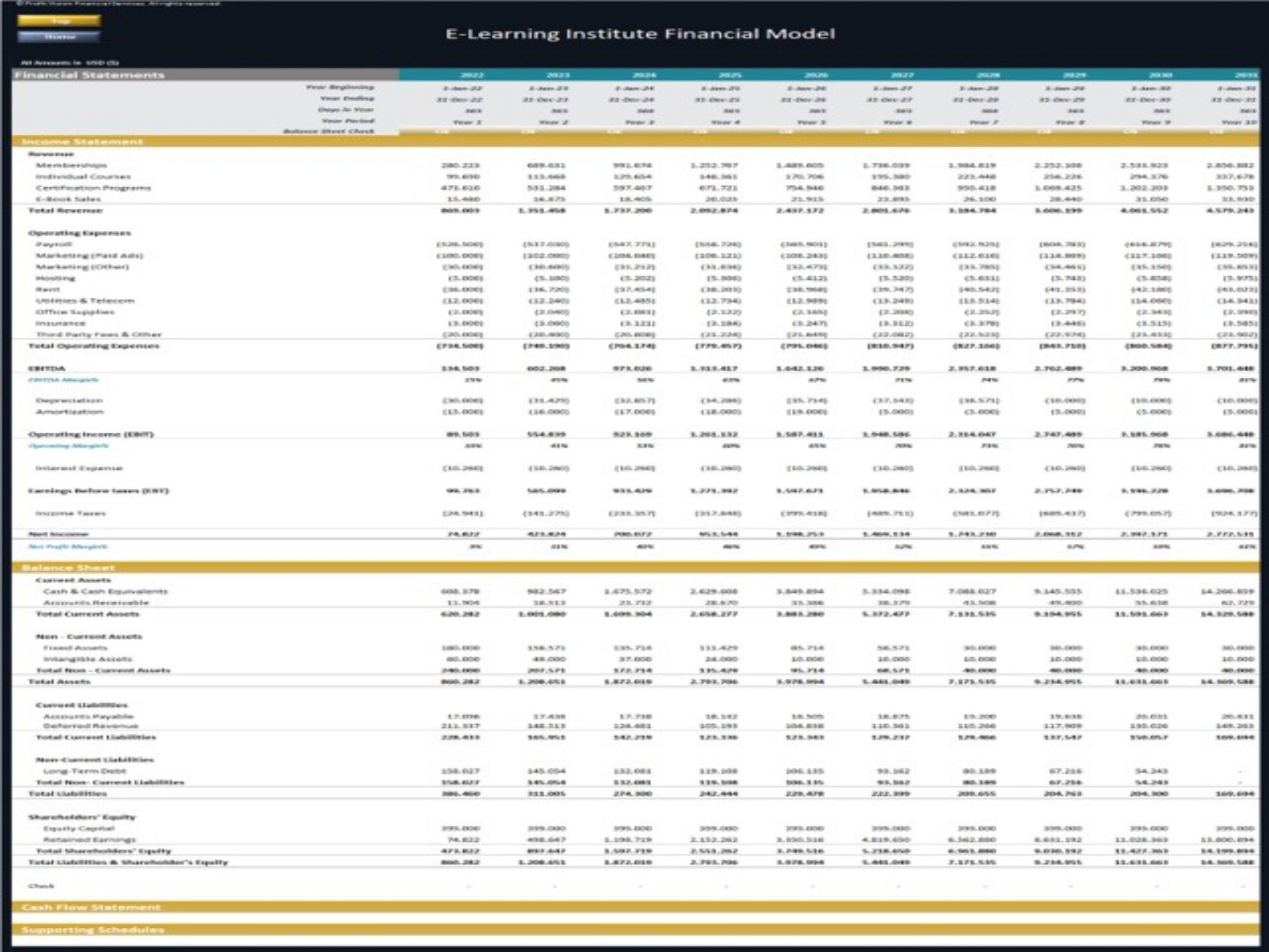E-learning Institute Financial Model Dynamic 10 Year - Etsy