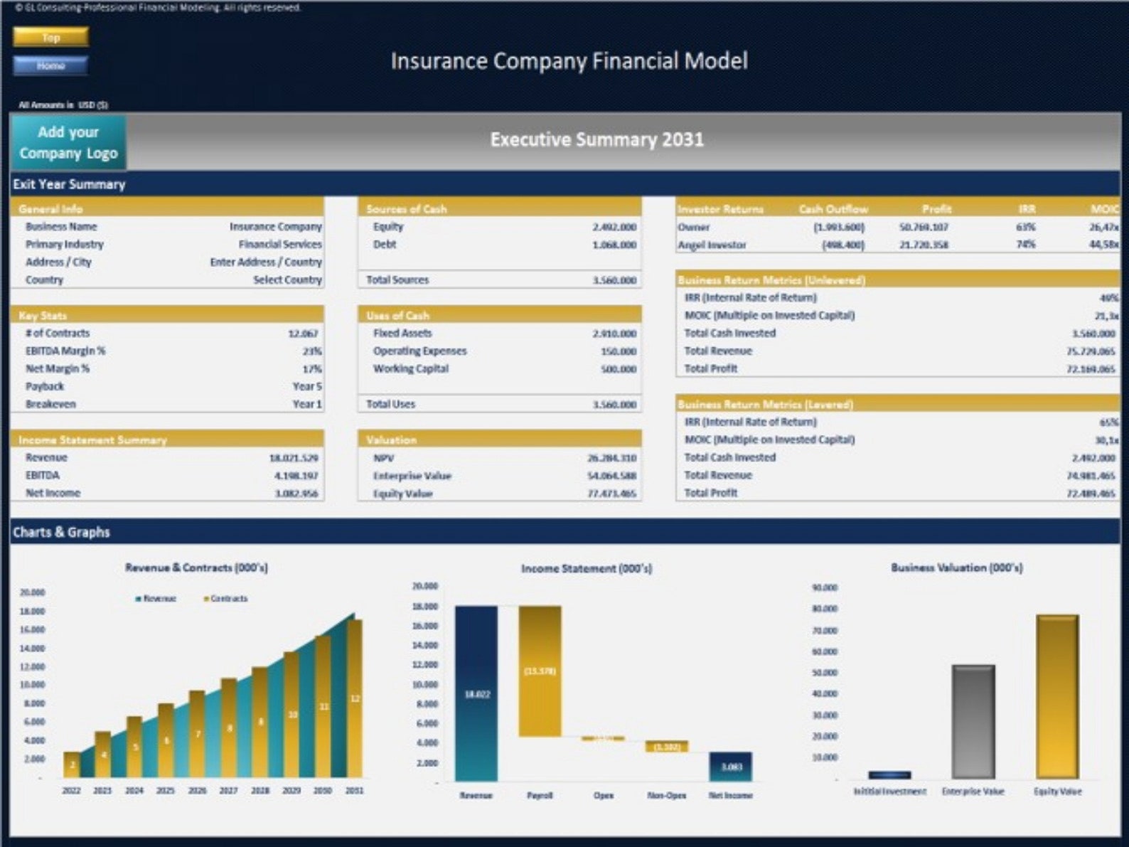 Insurance Company Financial Model Dynamic 10 Year Forecast - Etsy