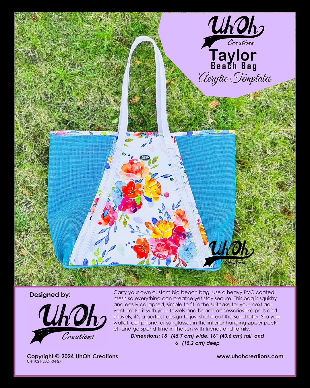 Uhoh Creations Taylor Beach Bag Acrylic Templates, USA Made and Shipped ...