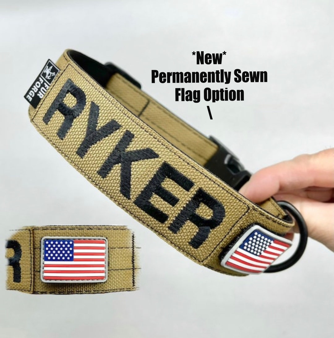 Tactical 1.5” Wide Dog Collar With Personalized Embroidered Name Plus Removable PVC Flag Patch ...