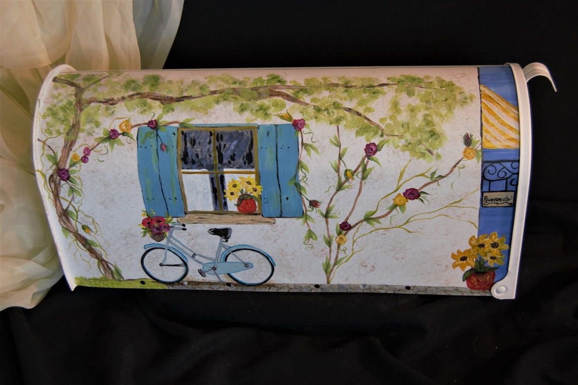 Hand Painted Decorative Mailbox - Con Amore With Vintage Bike - Etsy