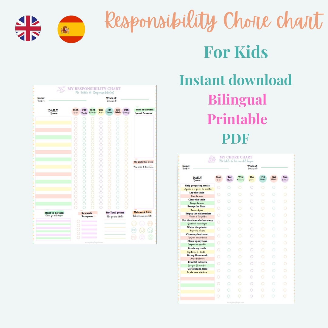 Bilingual Chore Chart,tabla De Responsabilidad,kids Printable,family ...