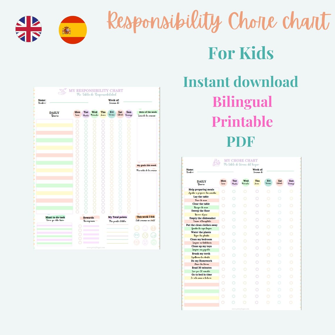 Bilingual Chore Chart,tabla De Responsabilidad,kids Printable,family ...