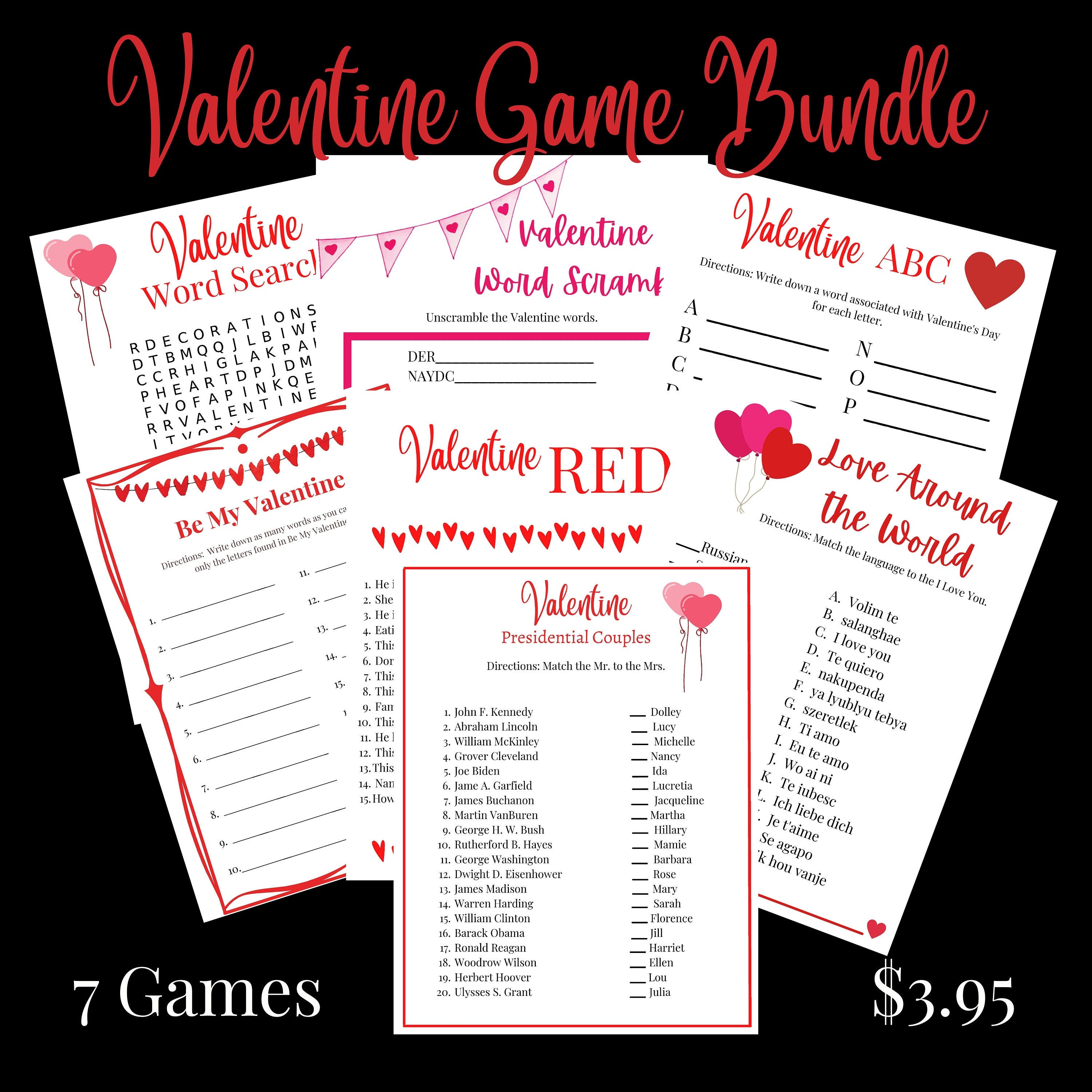 Valentine Game Bundle Digital Download Seven Games Valentine Party Kids ...