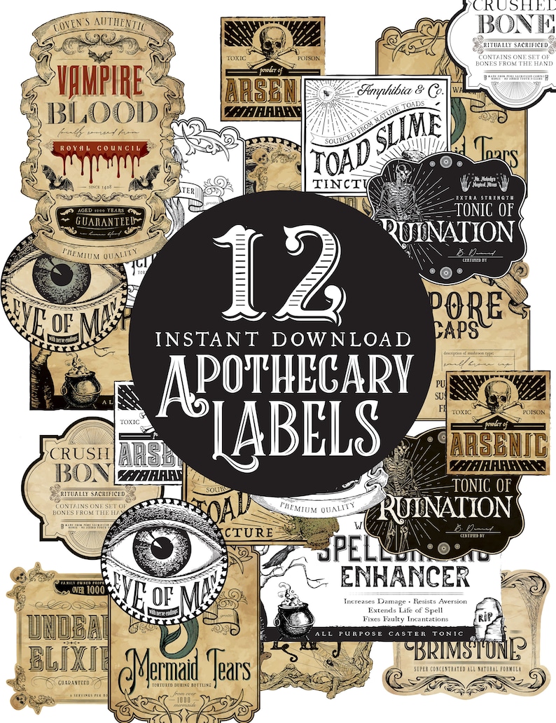 12 Detailed Apothecary Labels - Halloween Decor - Vintage DIY Potion ...