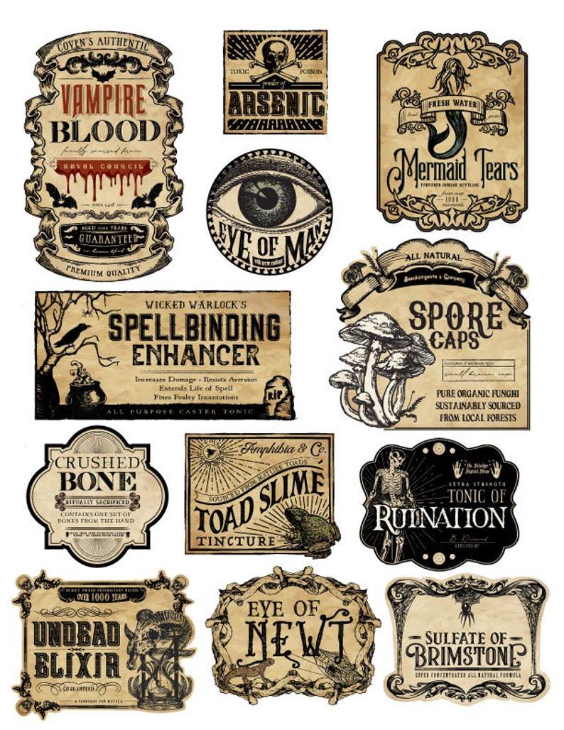 12 Detailed Apothecary Labels - Halloween Decor - Vintage DIY Potion ...