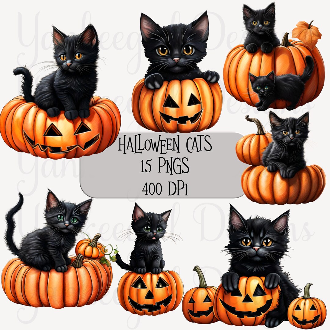 Halloween Cat Clip Art Spooky Black Cat With Pumpkins Graphics ...