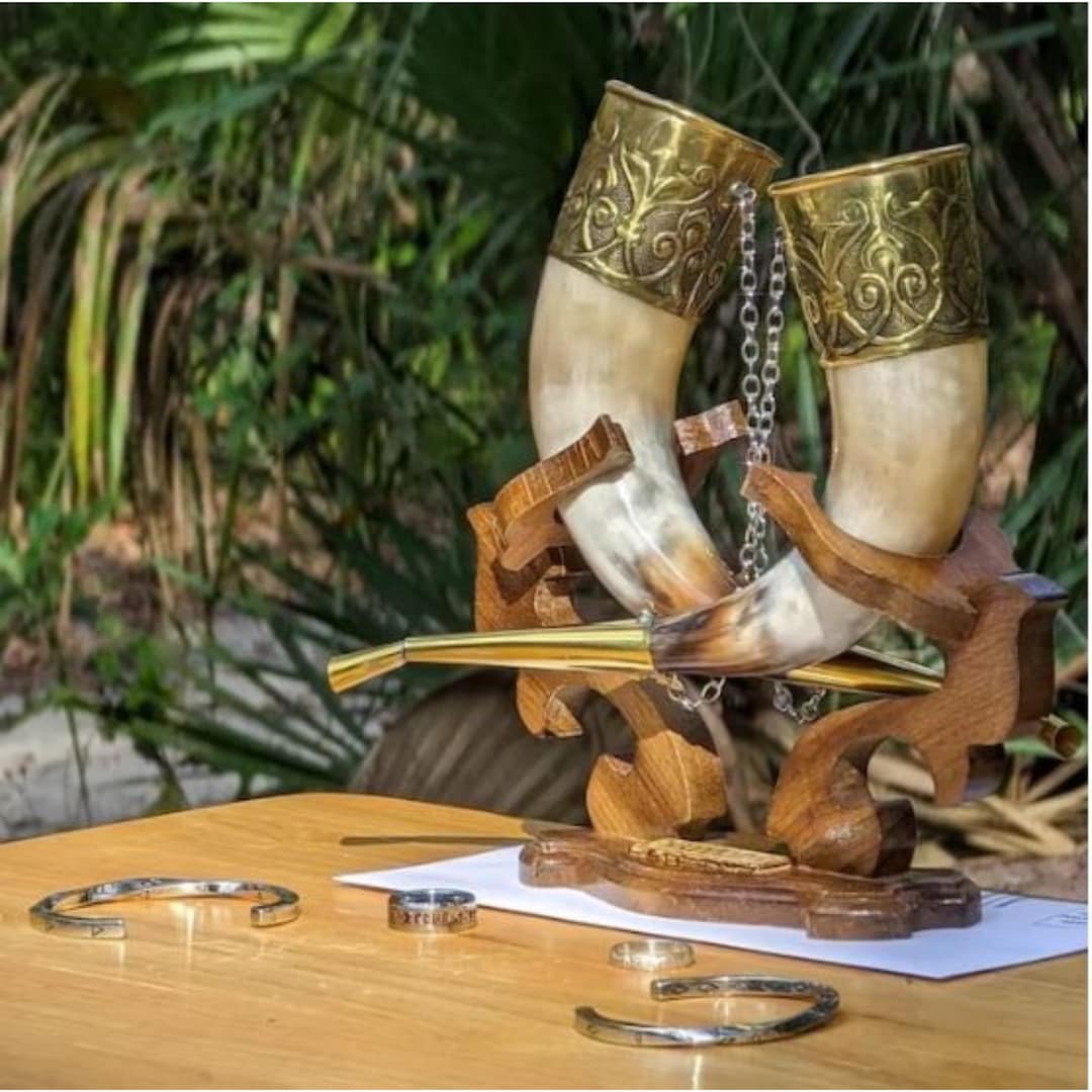 Viking Drinking Horn Set With Stand - Handmade Horn Tankards for Mead ...