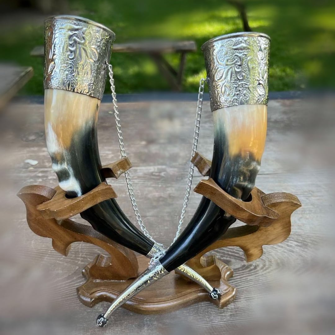 Wedding Drinking Horn Set With Stand - Handmade Horn Tankards for Mead ...