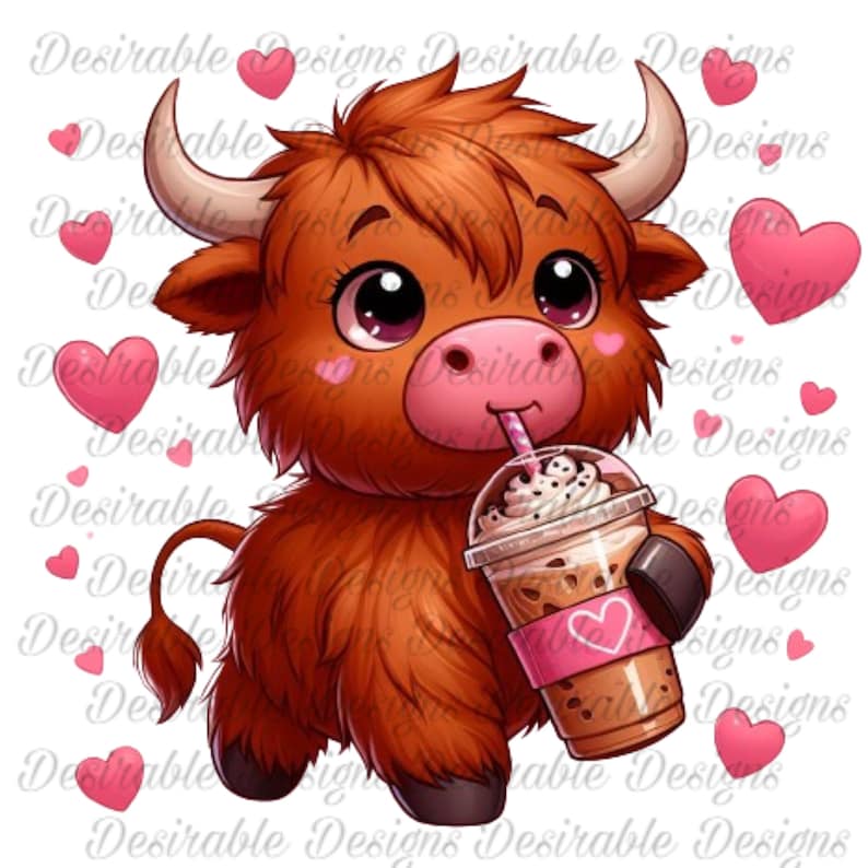 Valentine's Day, Cute Highland Cow With Iced Coffee, PNG, PNG Download ...
