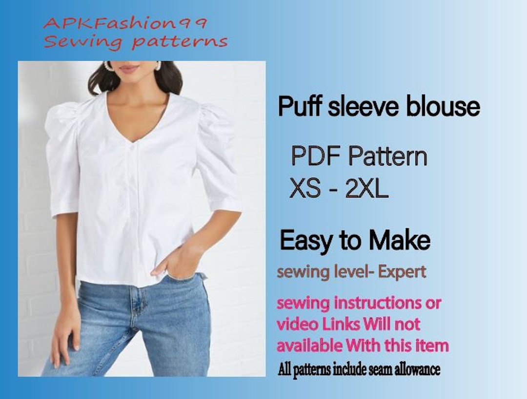 Pdf Sewing Pattern , Puff Sleeve Blouse, Long Sleeve Blouse Top ...