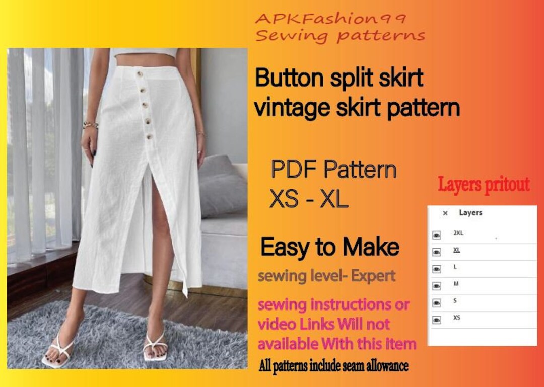 Pdf Sewing Pattern .button Skirt Pattern. Split Skirt Pattern. Split ...