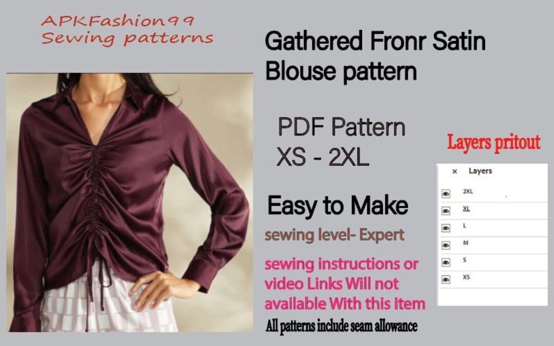 Pdf Sewing Pattern . Gathered Front Satin Blouse. Shirt Sewing - Etsy
