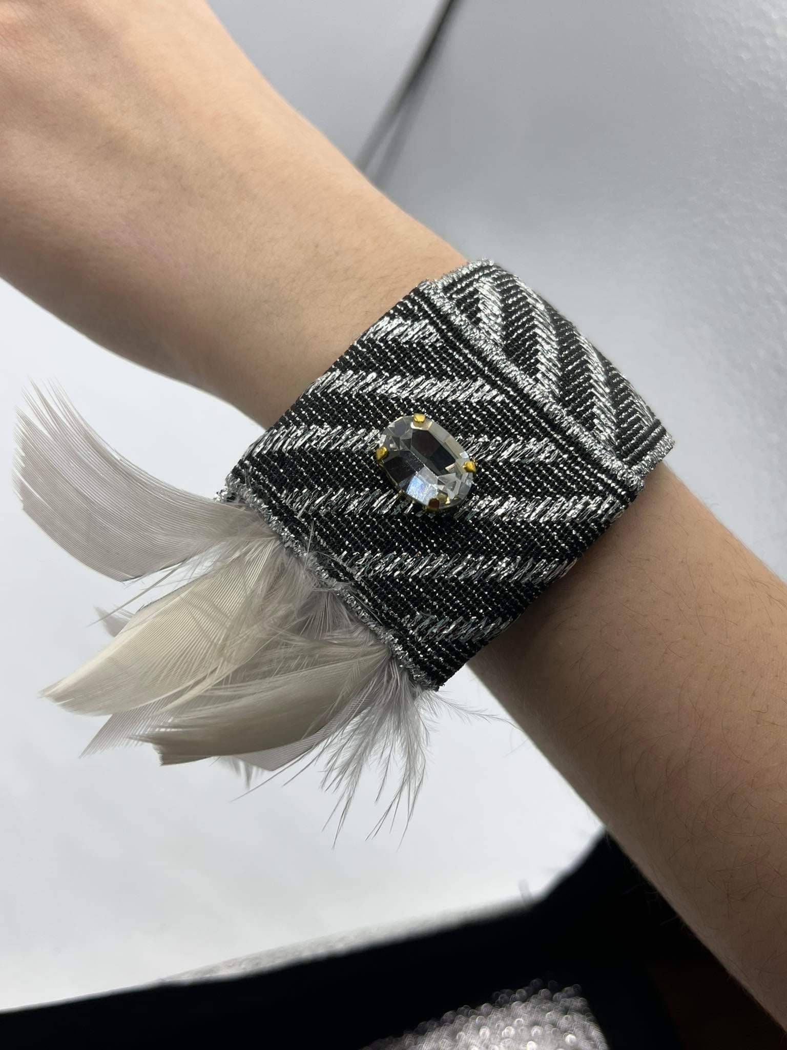 Silver Bracelet, Elastic Bracelet, Gray Feathers, Crystal Rhinestone ...