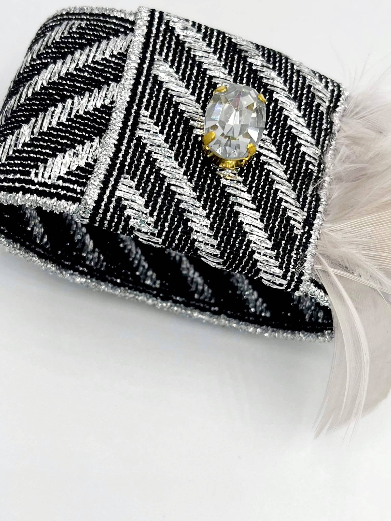 Silver Bracelet, Elastic Bracelet, Gray Feathers, Crystal Rhinestone ...