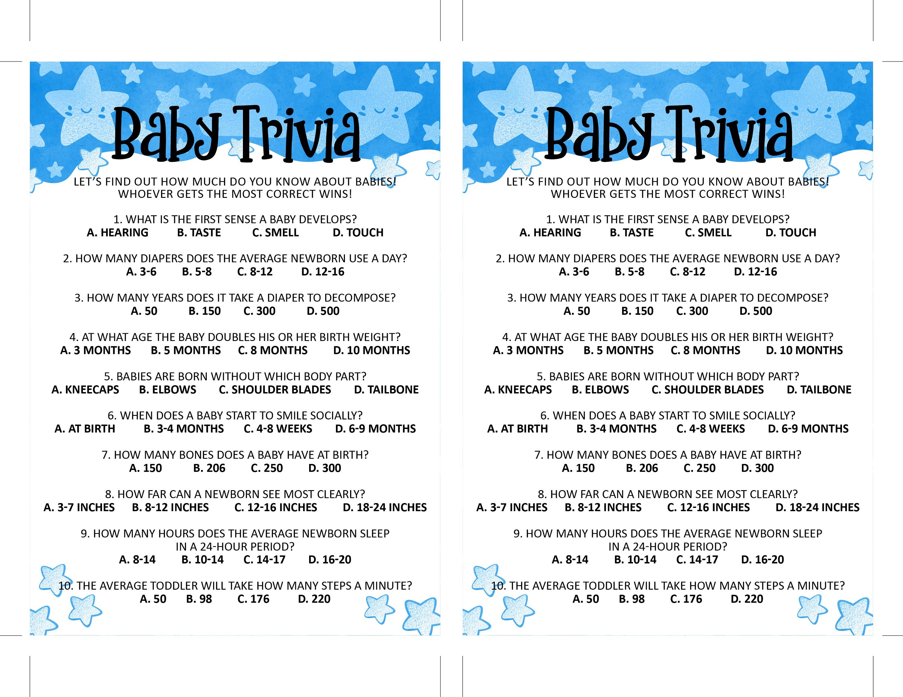Baby Trivia, Baby Shower Game, Baby Shower Game Printable, Baby Boy ...