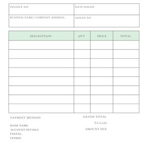 Editable Invoices, Printable Invoice Bundle, Green Invoice, Business ...