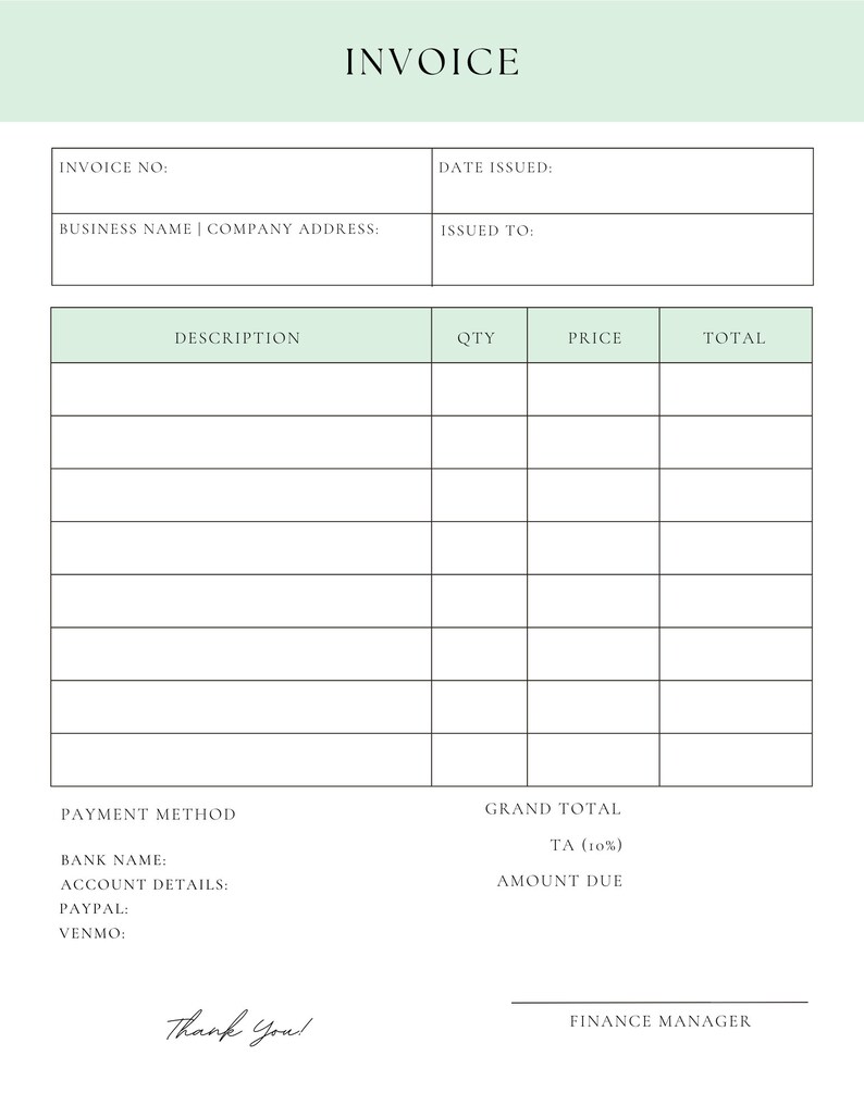 Editable Invoices, Printable Invoice Bundle, Green Invoice, Business ...