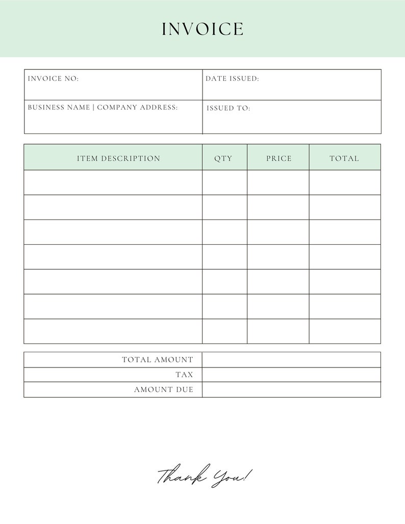 Editable Invoices, Printable Invoice Bundle, Green Invoice, Business ...