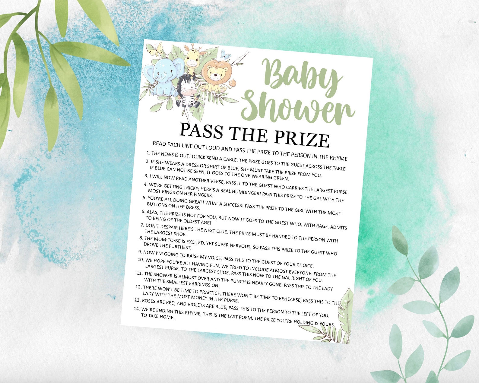 Pass the Prize Printable Safari Animal Baby Shower Game, Gender Neutral ...