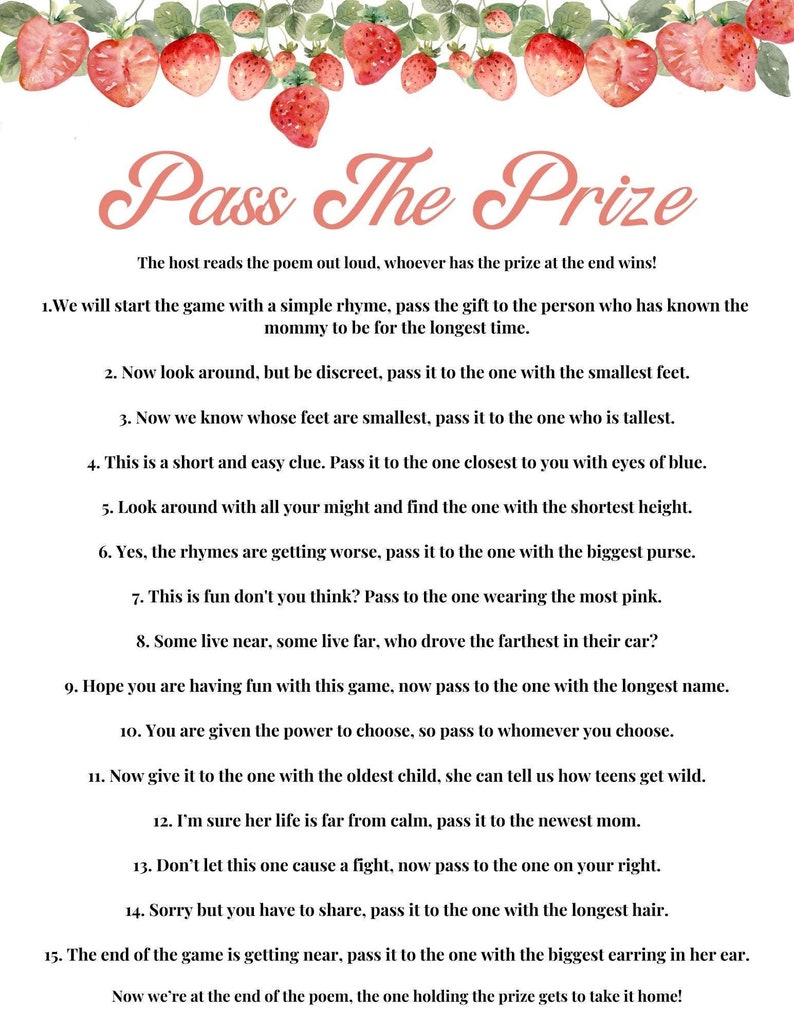 Pass the Prize Baby Shower Game, Strawberry Baby Shower Game Printable ...
