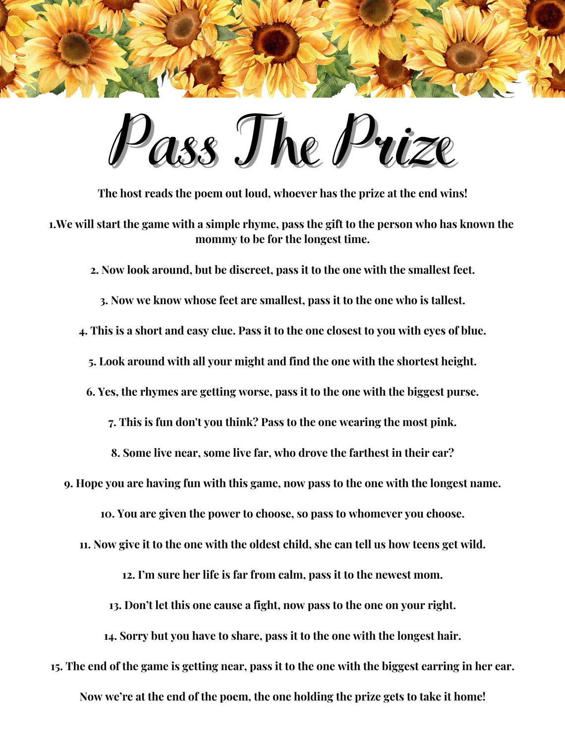 Sunflower Pass the Prize Baby Shower Game, Sunflower Baby Shower Game ...