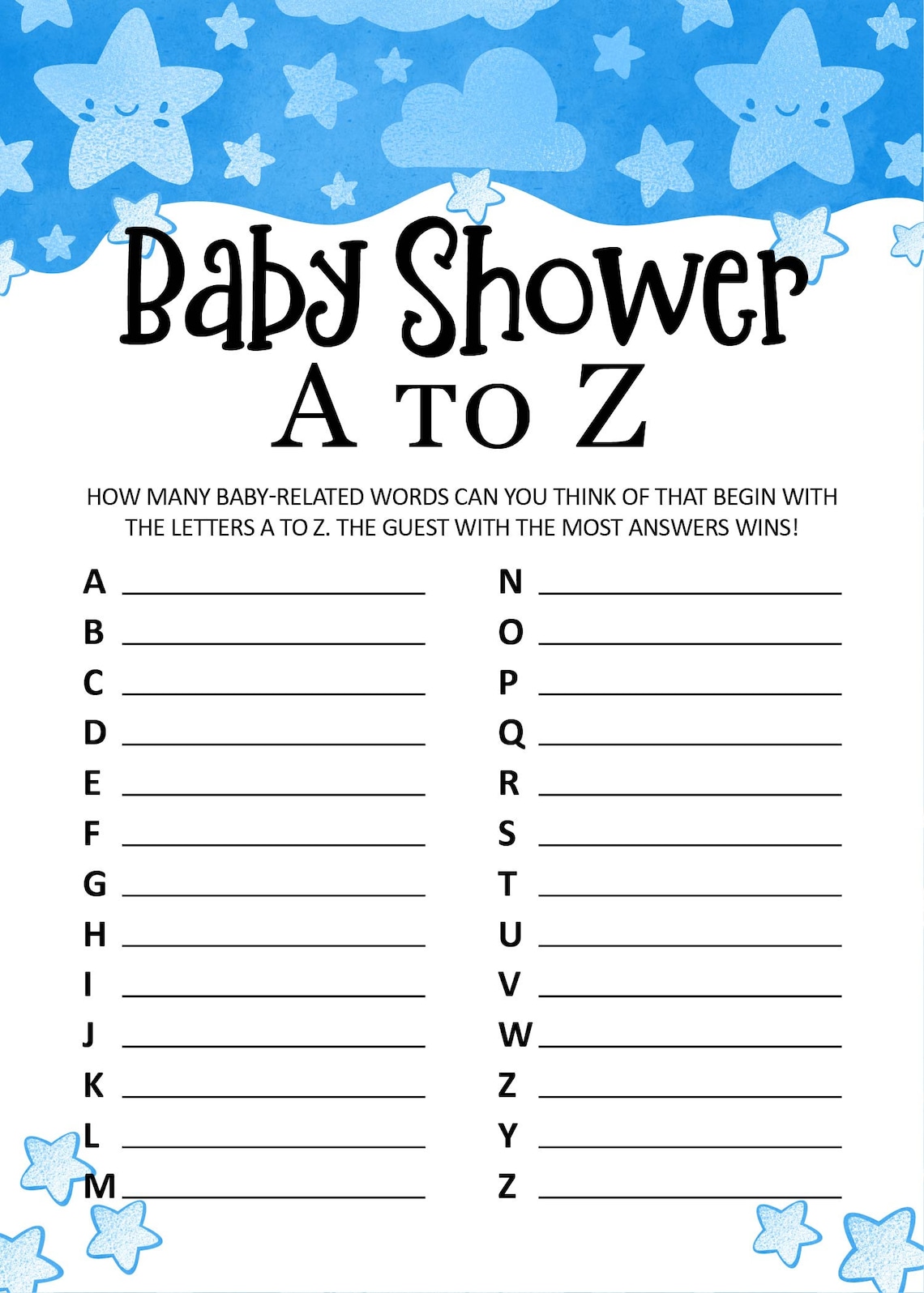 Baby Shower A Z Game, Baby Shower Game Printable, Baby Boy Shower Game ...