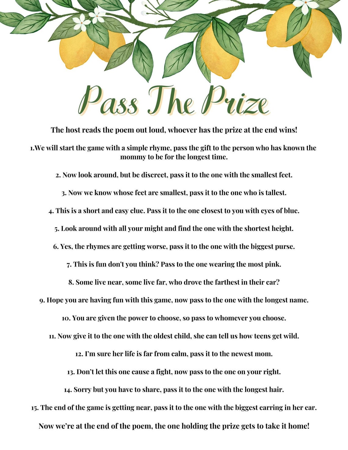 Pass the Prize Baby Shower Game, Lemon Baby Shower Game Printable, Fun ...