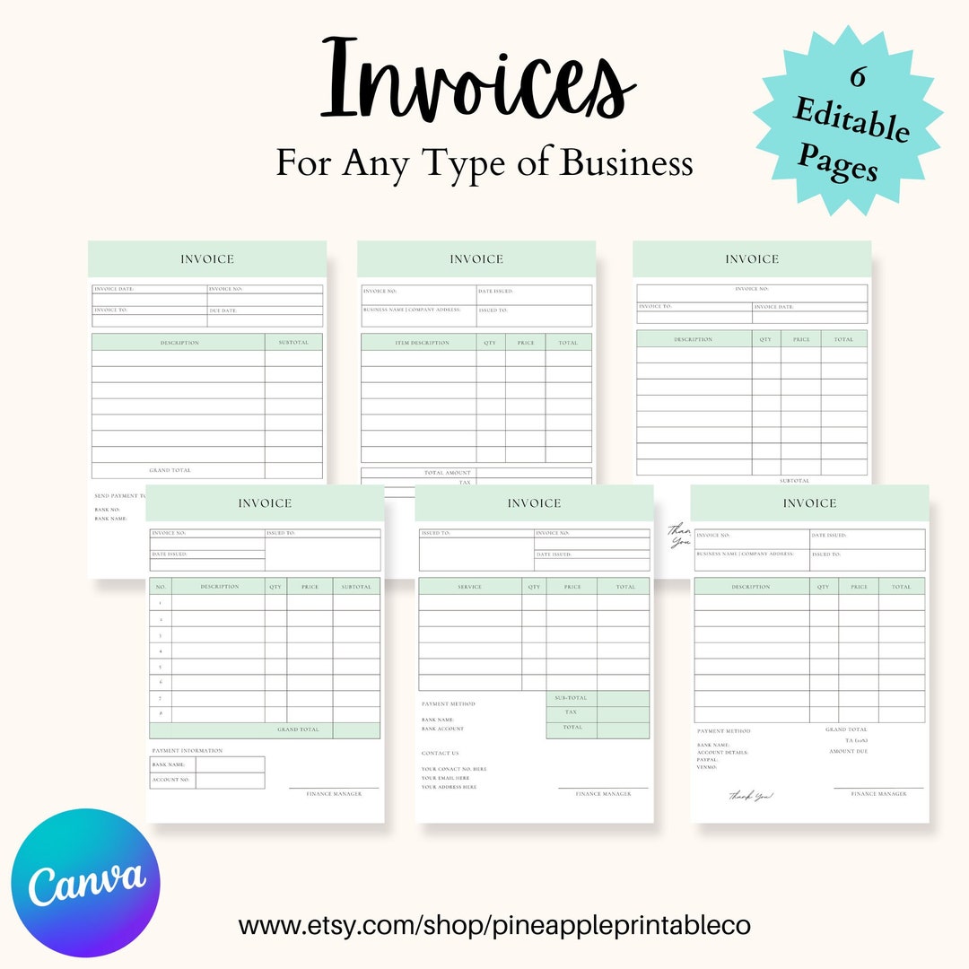 Editable Invoices, Printable Invoice Bundle, Green Invoice, Business ...