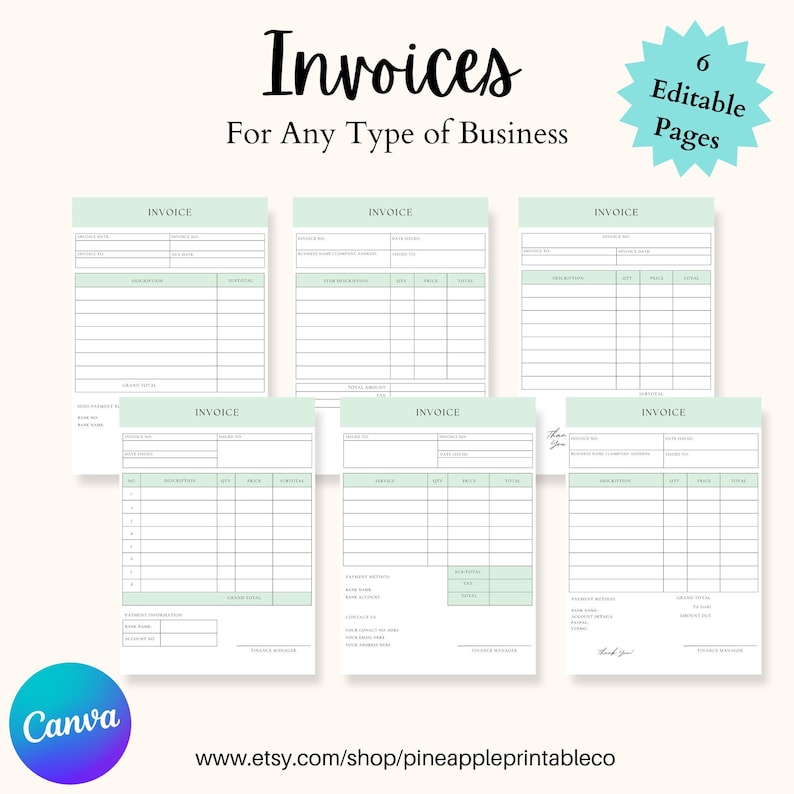 Editable Invoices, Printable Invoice Bundle, Green Invoice, Business ...