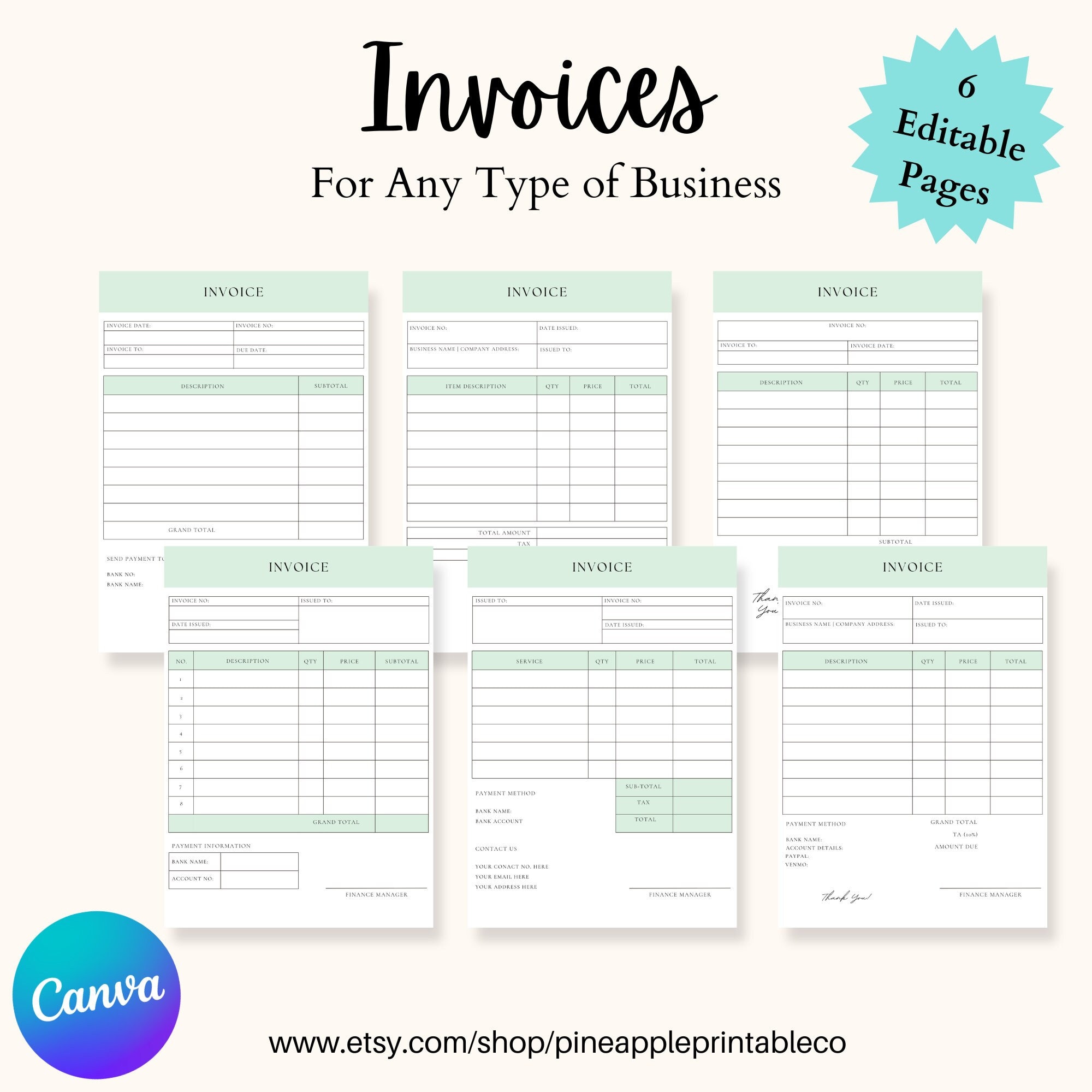 Editable Invoices, Printable Invoice Bundle, Green Invoice, Business ...