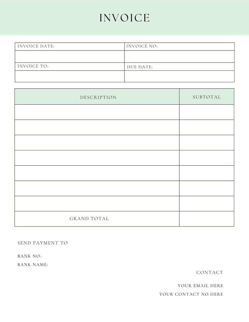 Editable Invoices, Printable Invoice Bundle, Green Invoice, Business ...