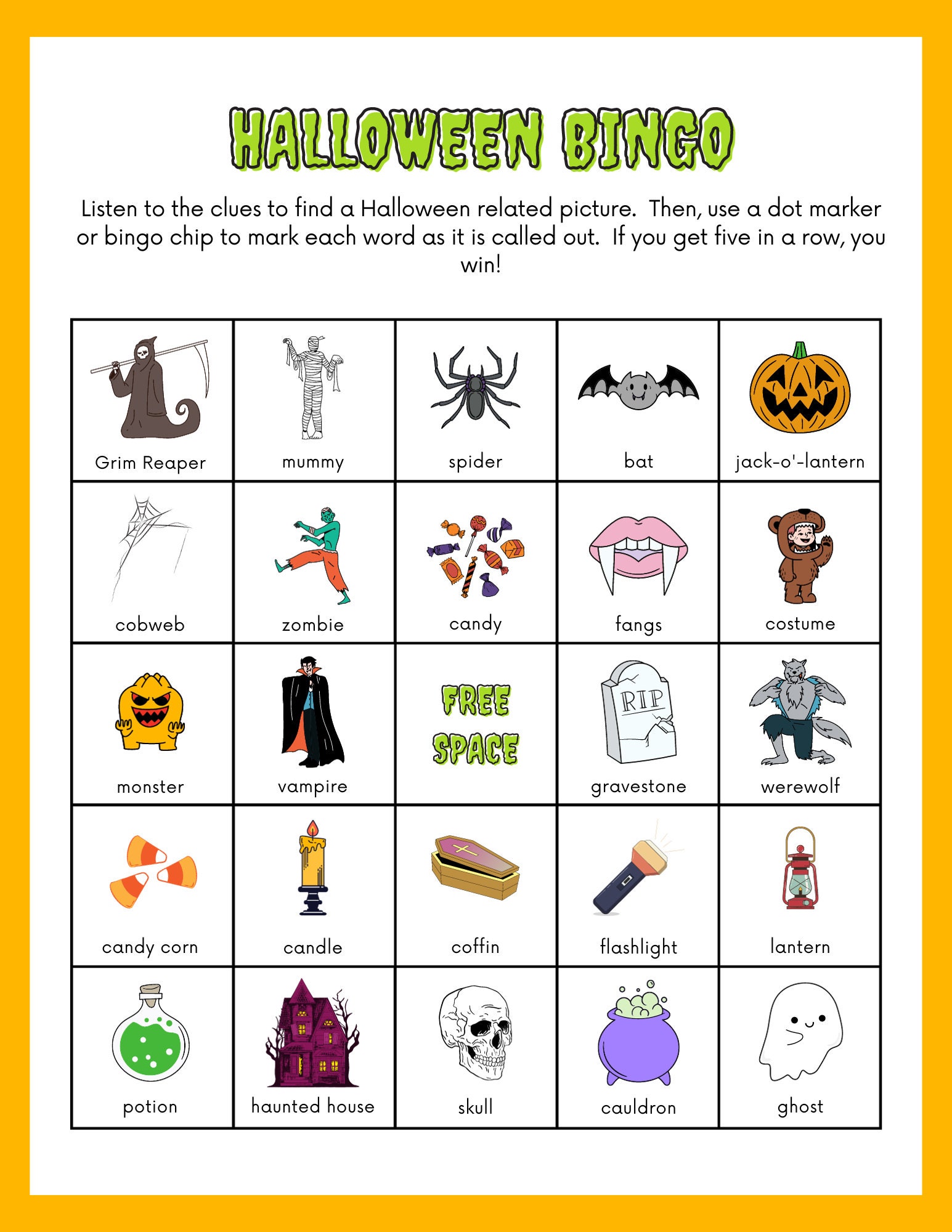 Halloween Bingo, Halloween Bingo for Kids, Kids Halloween Game ...