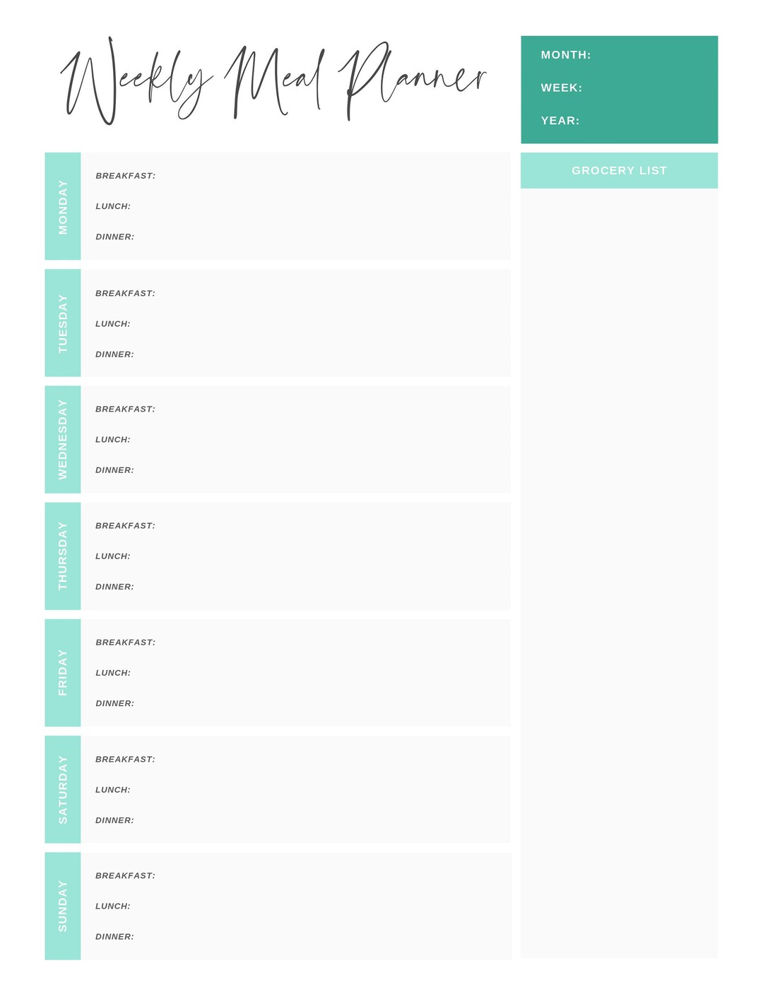 Meal Plan, Meal Planner Page, Meal Planner, Printable, Meal Planner ...