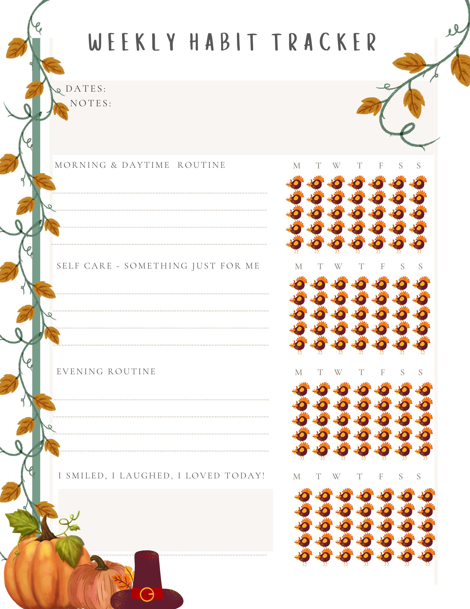 Fall Weekly Habit Tracker: Thanksgiving Theme (printable PDF) - Etsy