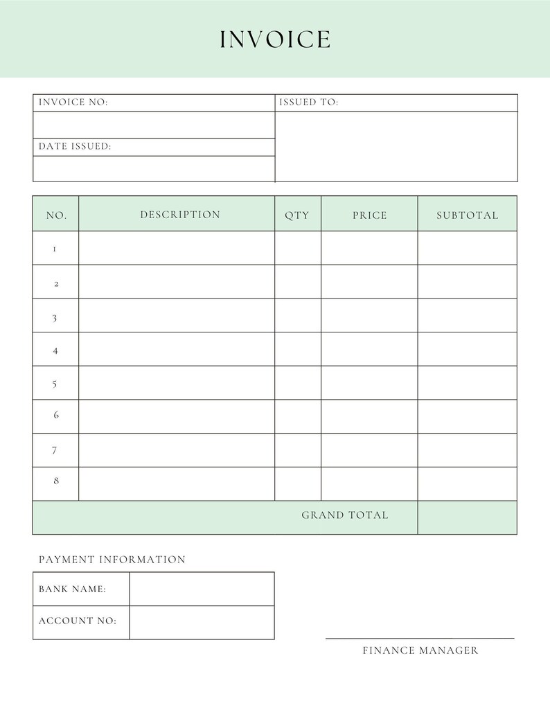 Editable Invoices, Printable Invoice Bundle, Green Invoice, Business ...