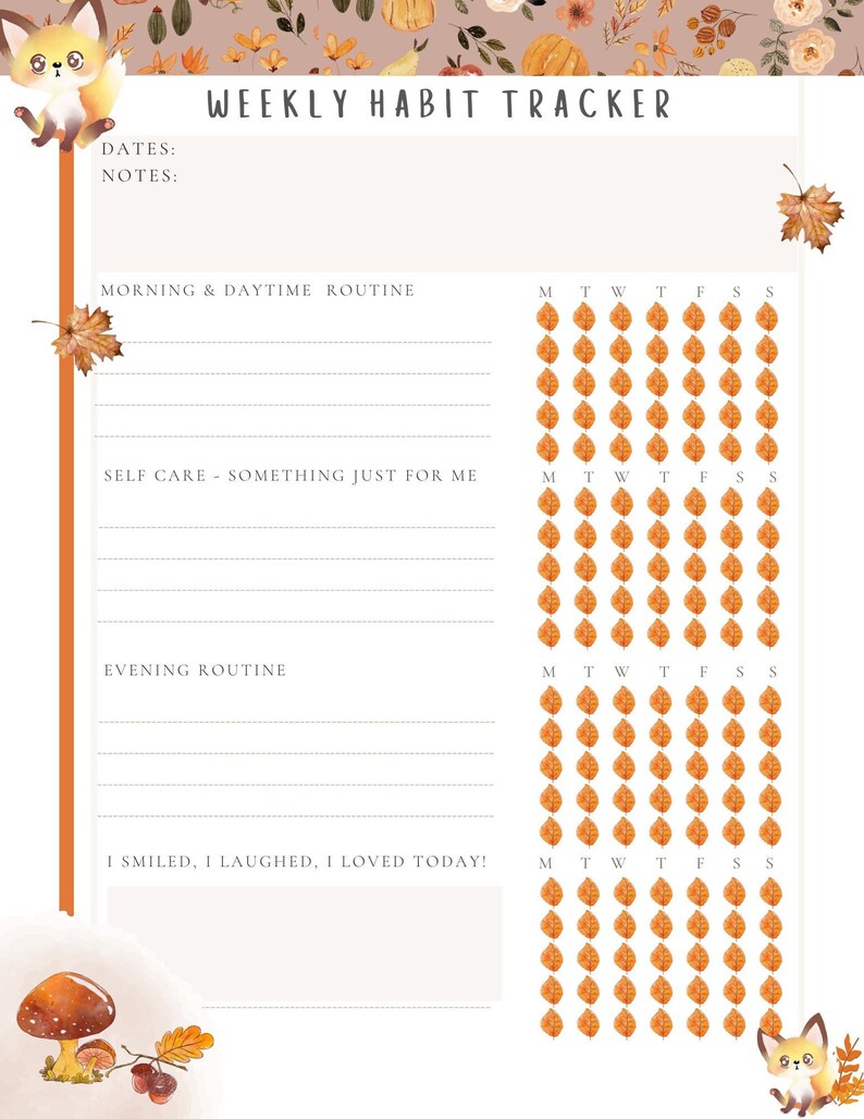 Fall Weekly Habit Tracker: Thanksgiving Theme (printable PDF) - Etsy