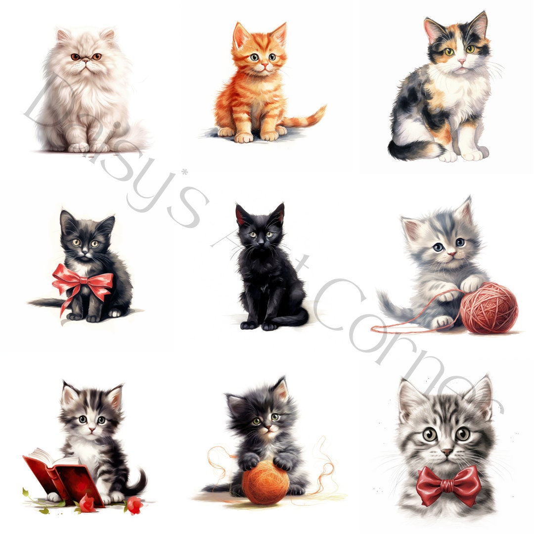 Retro Cats Png Kitsch Cat Clip Art for Download 15 Cute Kitten Art ...