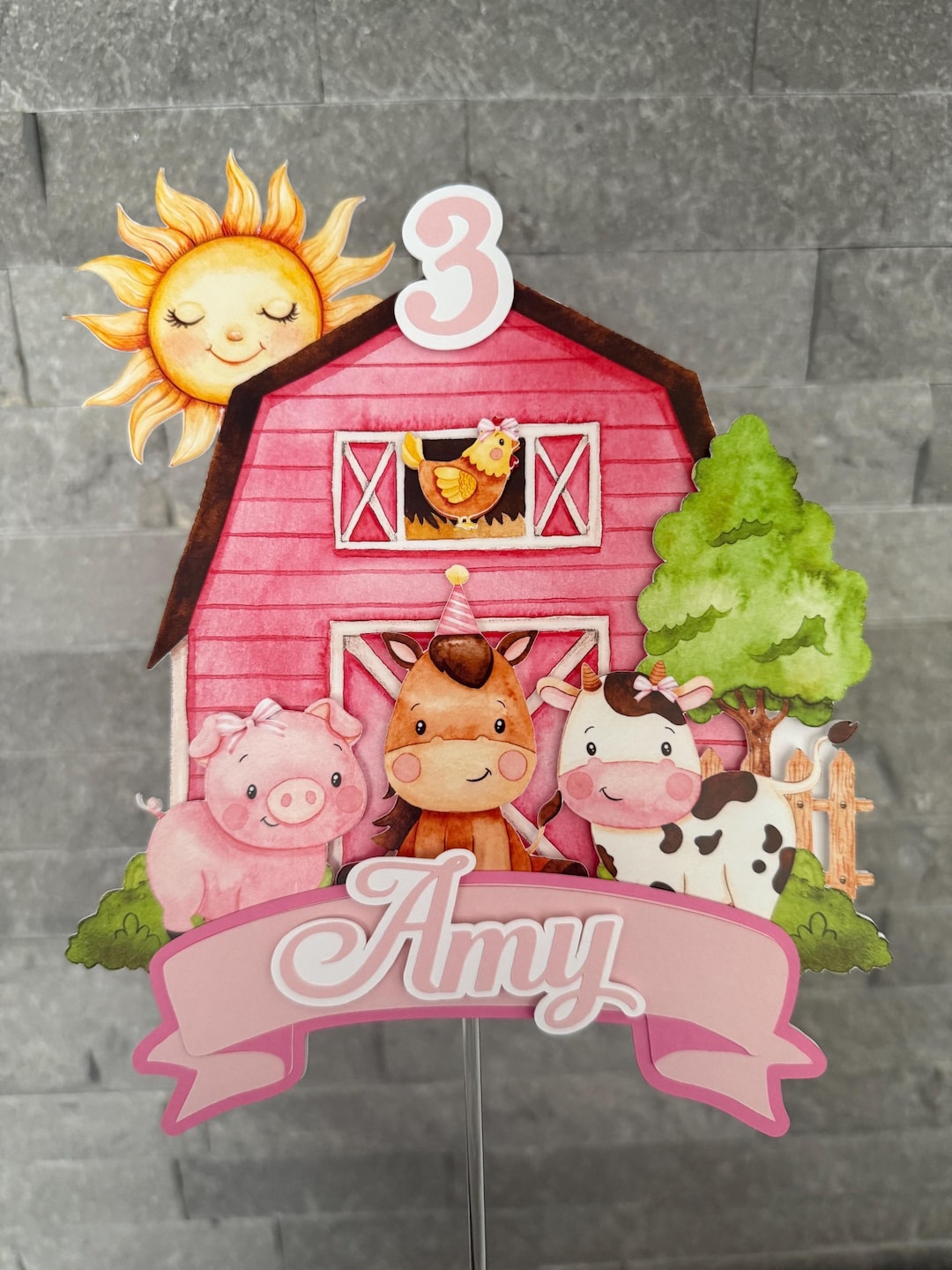 Farm Cake Topper, Pink Barn Birthday Cake Topper, First Birthday, Three ...