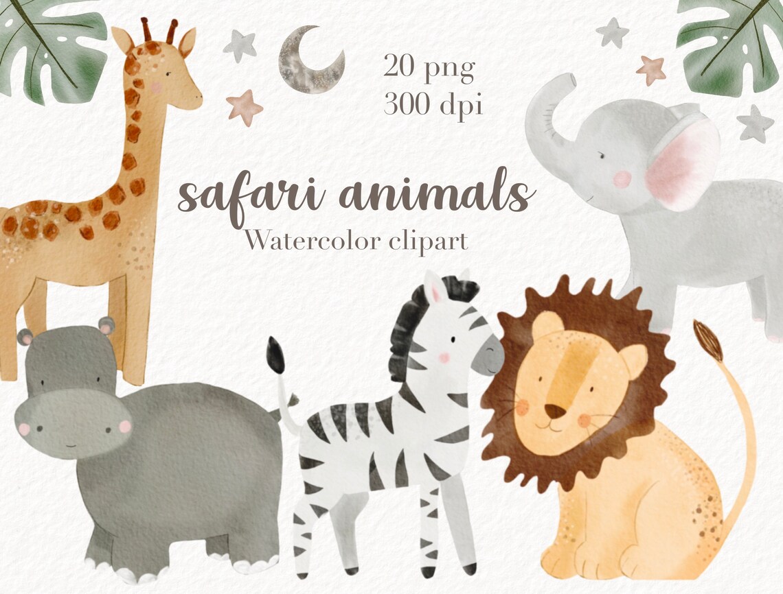 Safari Animals Watercolor Clipart, Jungle Animals Baby Shower Printable ...