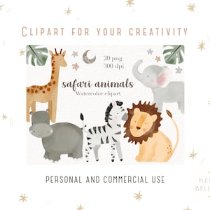 Safari Animals Watercolor Clipart, Jungle Animals Baby Shower Printable ...