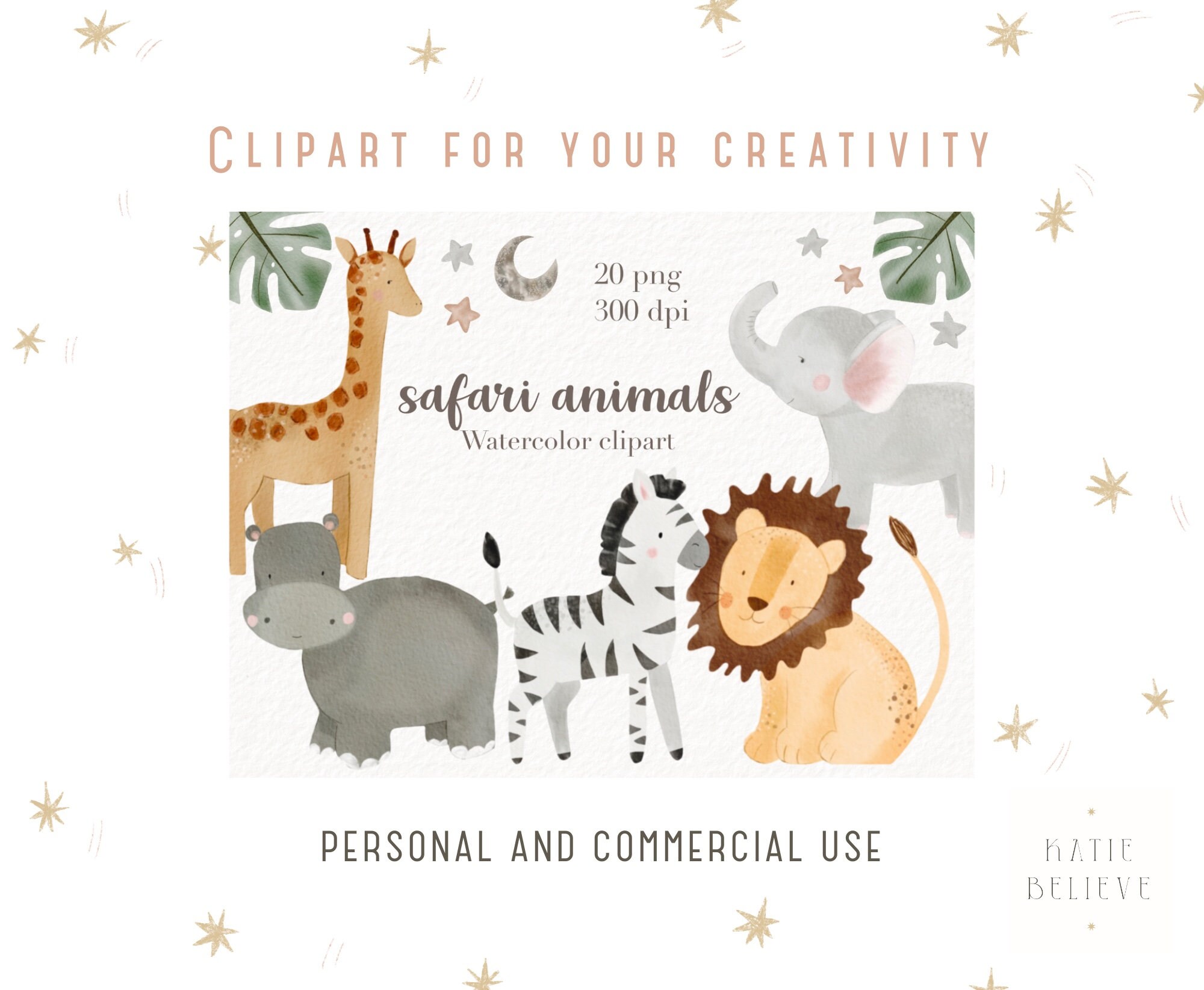 Safari Animals Watercolor Clipart, Jungle Animals Baby Shower Printable ...