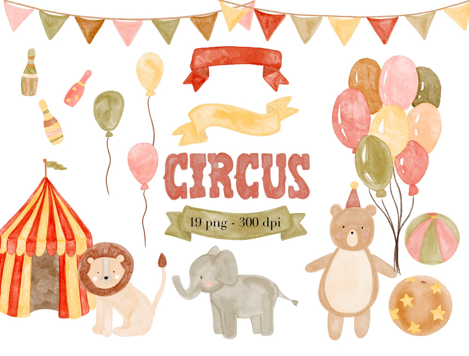 Circus Watercolor Clipart, Lion Elephant Bear Watercolor Illustration ...