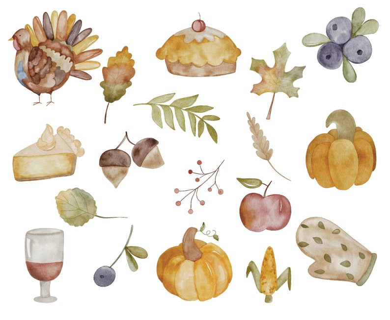 Watercolor Thanksgiving Clipart, Holiday Turkey PNG, Pumpkin Pie ...